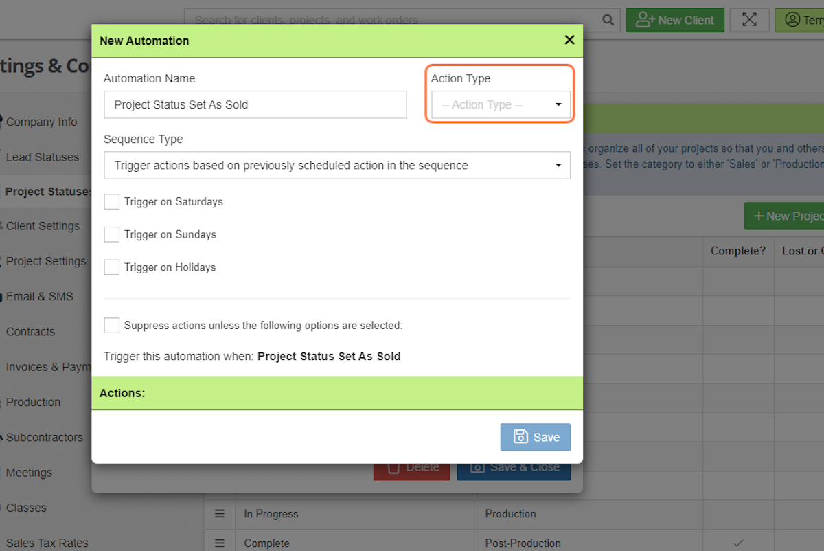 Adding Automations to Project Statuses